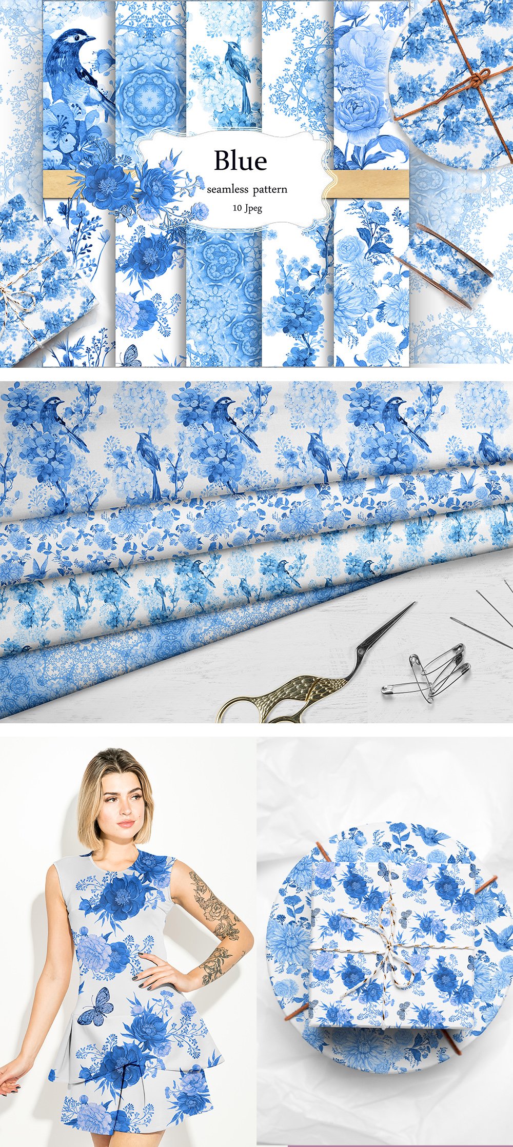 Blue Seamless Pattern Watercolor Floral Digital Paper