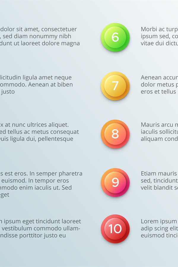 Text with number bullets. Ten pointing paragraph layout with