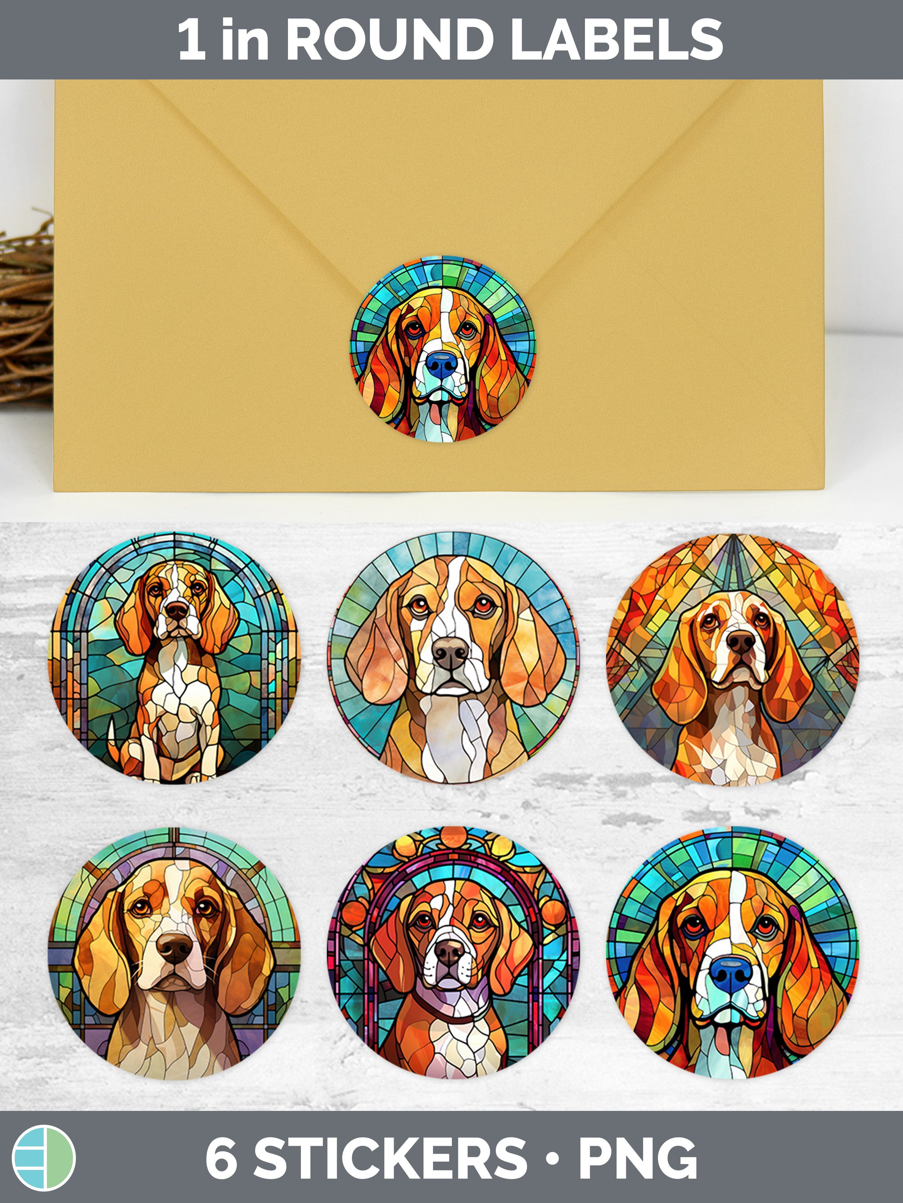 Stained Glass Beagle Dog Stickers | Round Labels Designs Bun