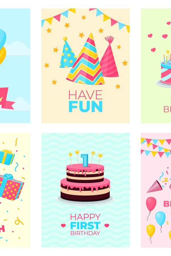 Birthday party cards template. Card design, fun celebrate pa