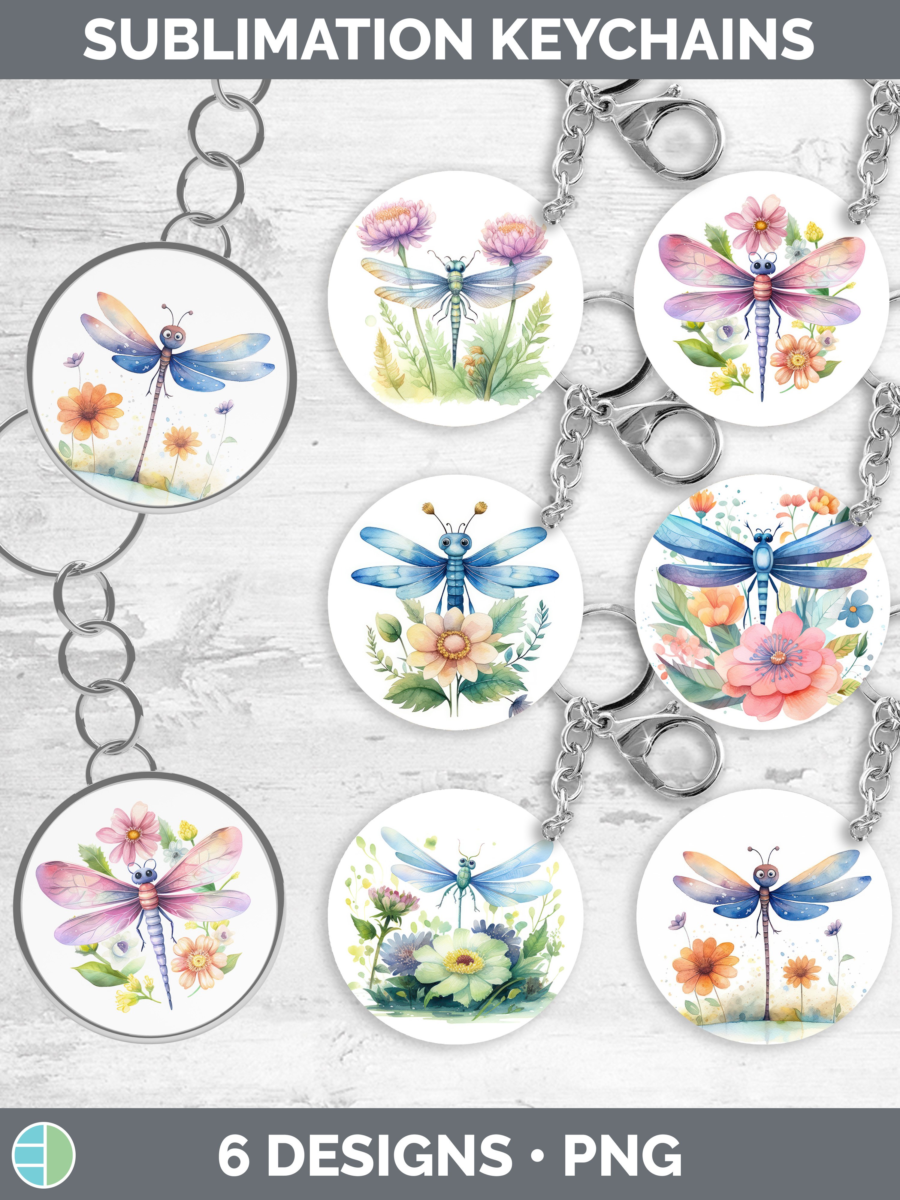 Watercolor Floral Dragonflies Keychain | Sublimation Keyring