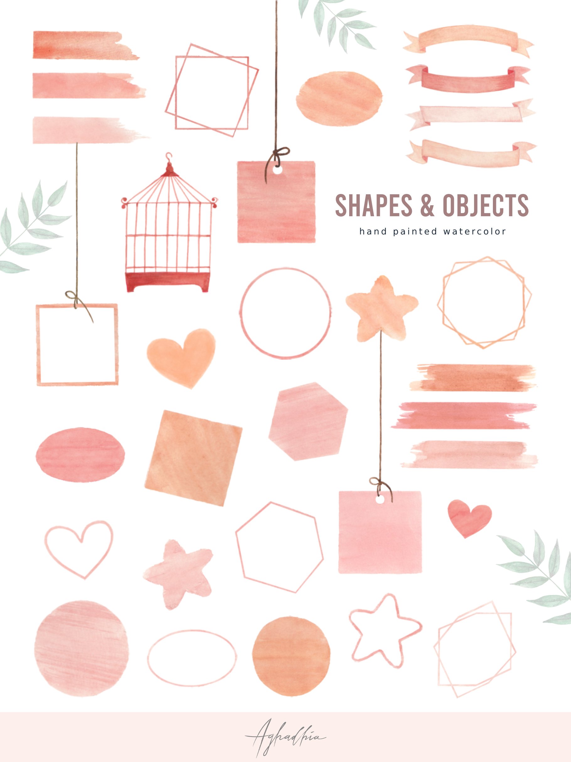 Coral Watercolor Shapes and Objects