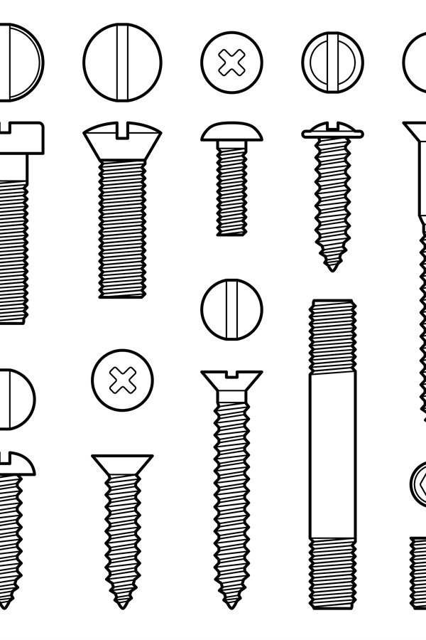 Industrial screws bolts, nuts and nails line vector icons
