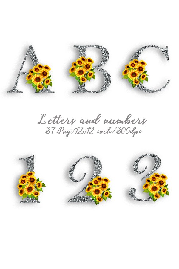 Sunflower Glitter Alphabet Floral Flowers Letters Numbers