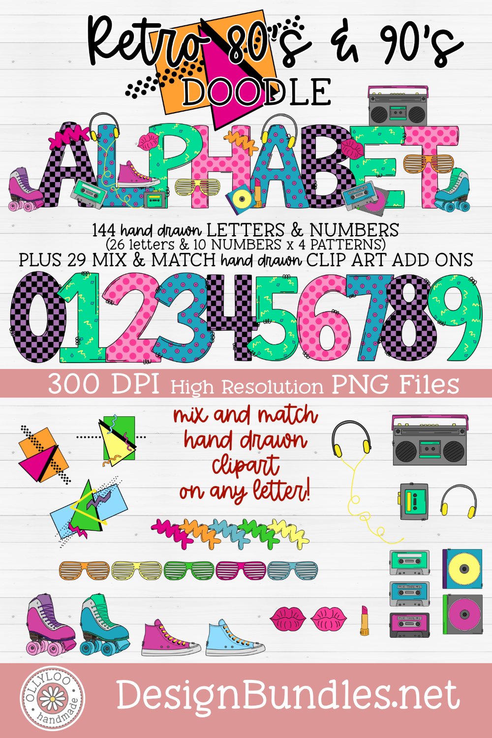 Retro Alphabet & Numbers Bundle with Hand Drawn Clipart