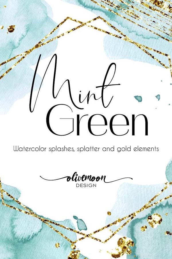 Mint Green Watercolor Splashes Gold Frames Clipart Template