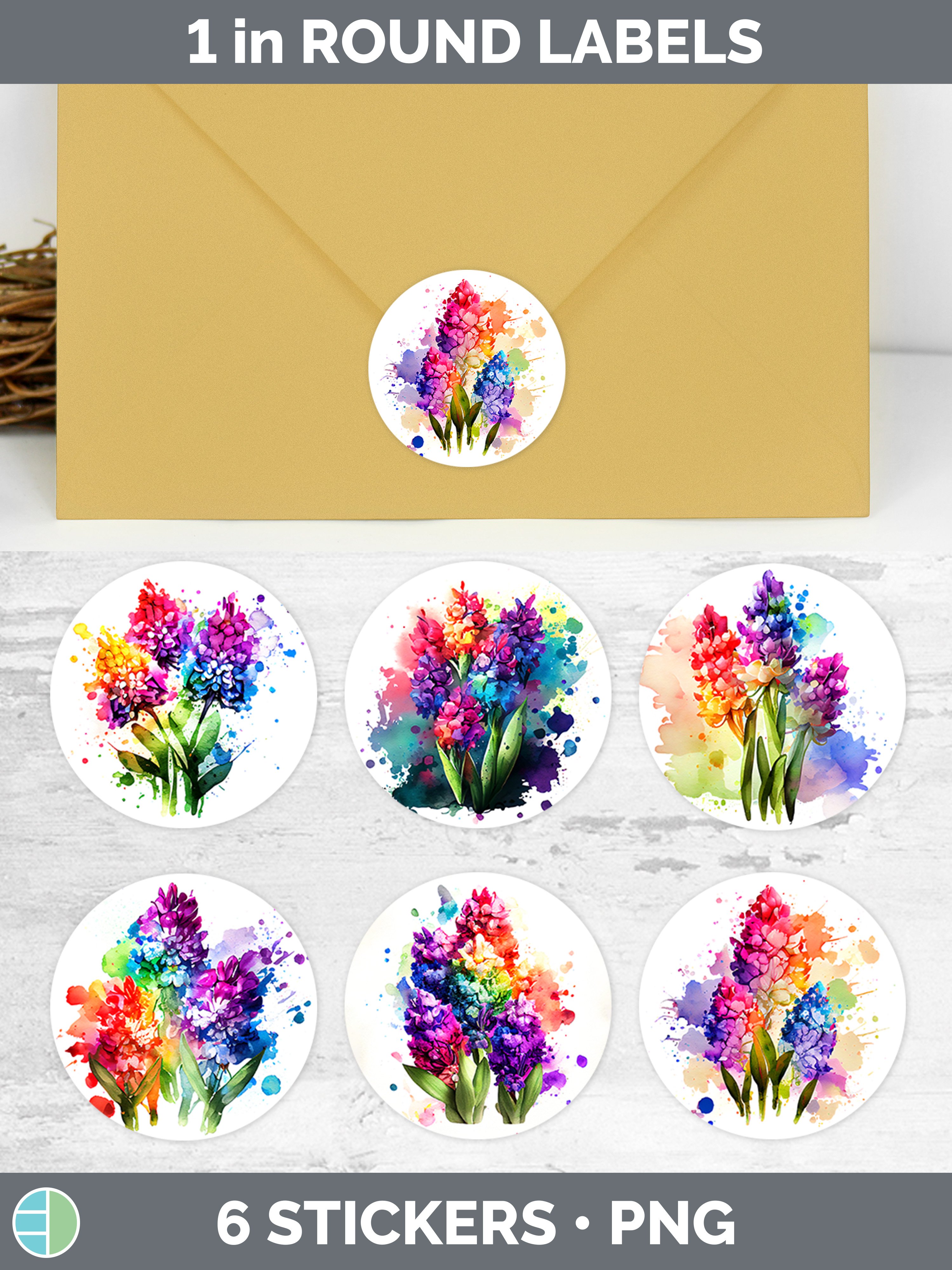 Rainbow Hyacinth Flowers Stickers | Round Labels Designs Bun