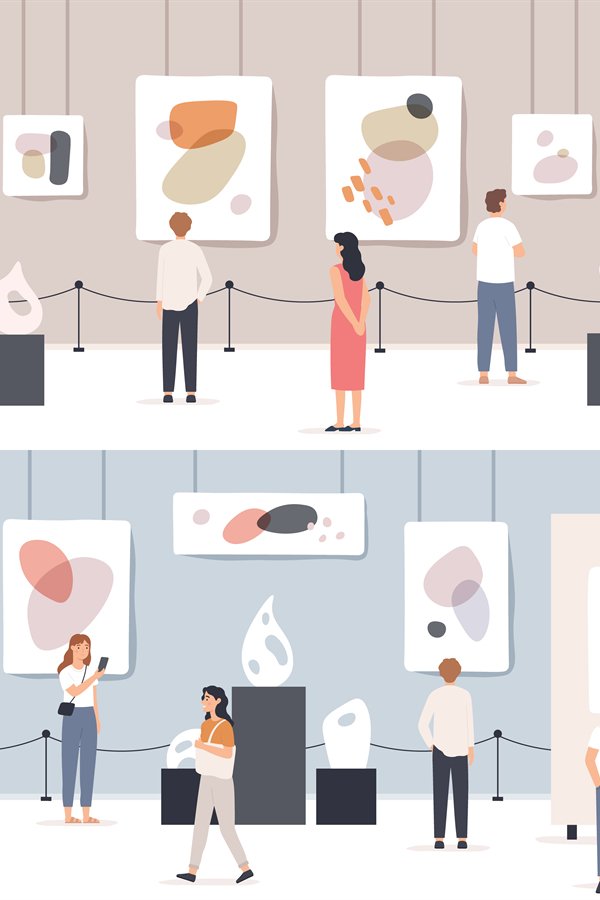 People in museum. Visitors in art gallery looking exposition