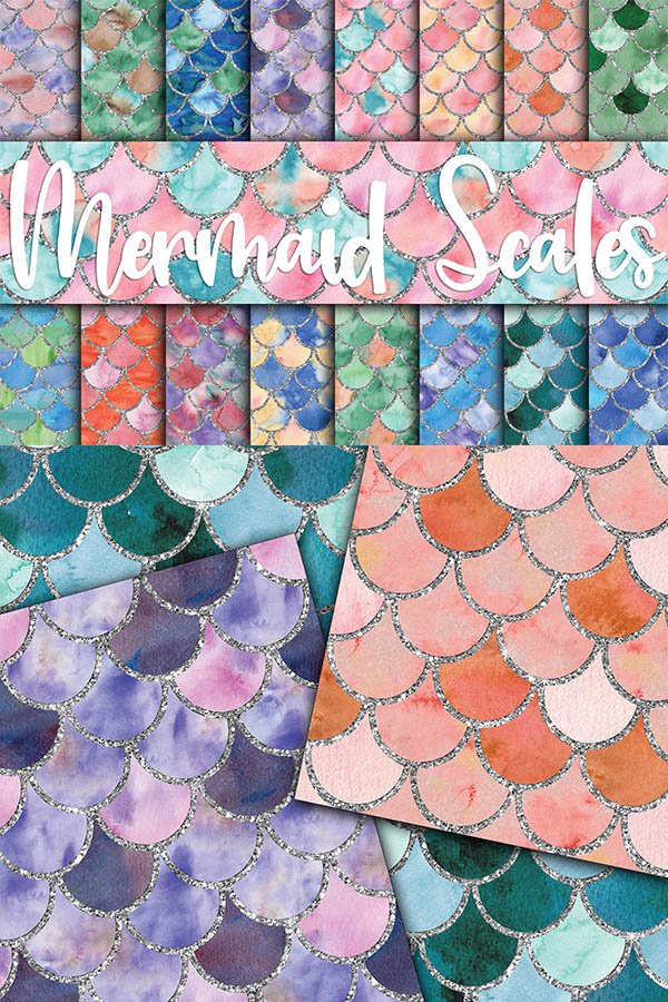 Watercolor Mermaid Scales Digital Paper Designs - Silver