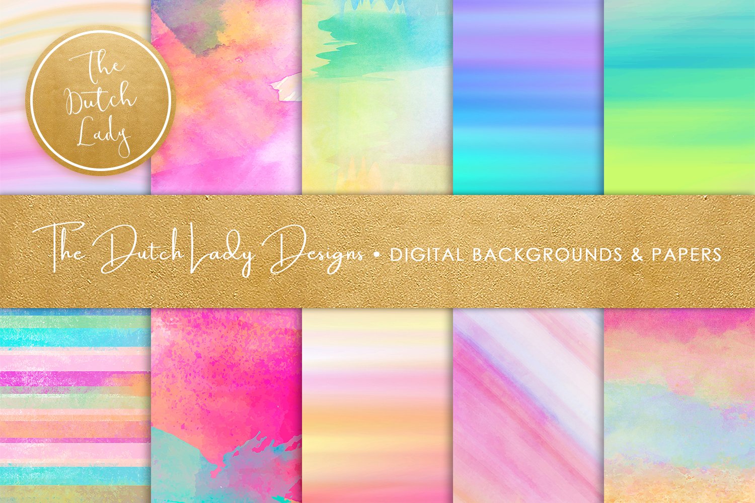 Watercolor Rainbow Stripe and Smear Backgrounds & Papers