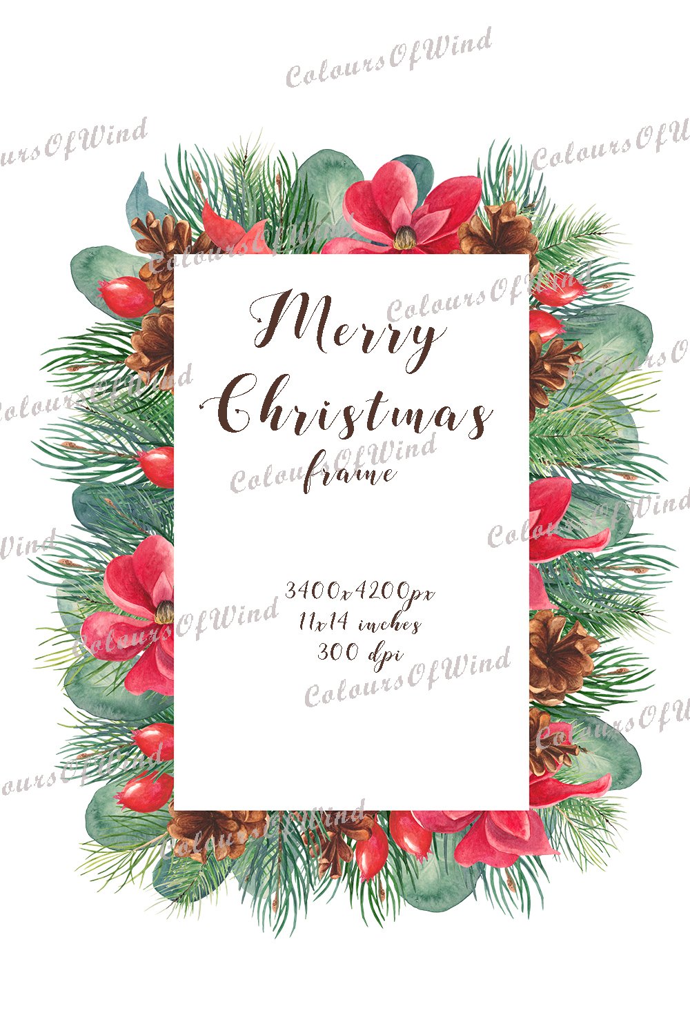 Watercolor Christmas Frame with Red Flowers Clipart