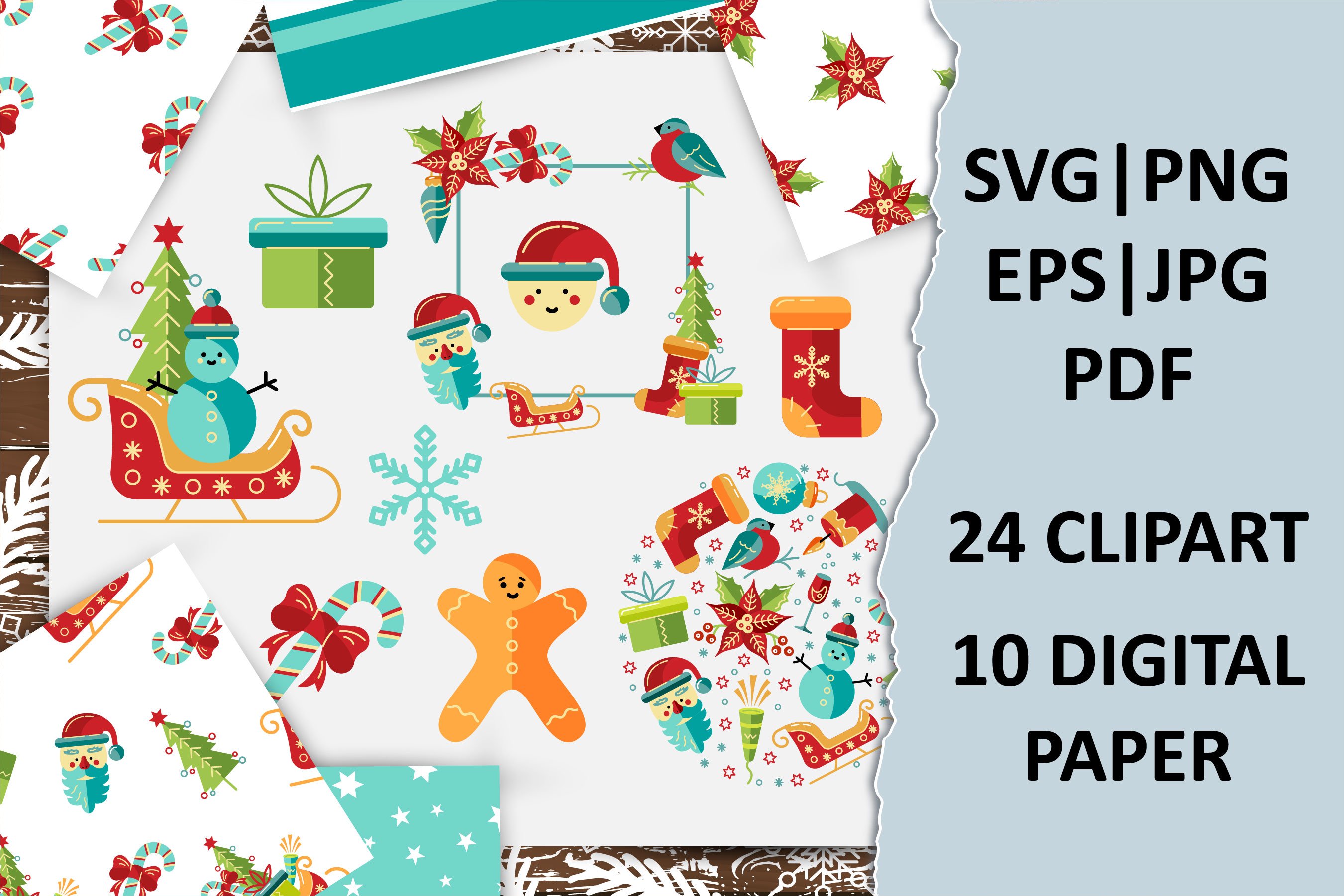 Merry Christmas pack with clipart, frames, digital papers.
