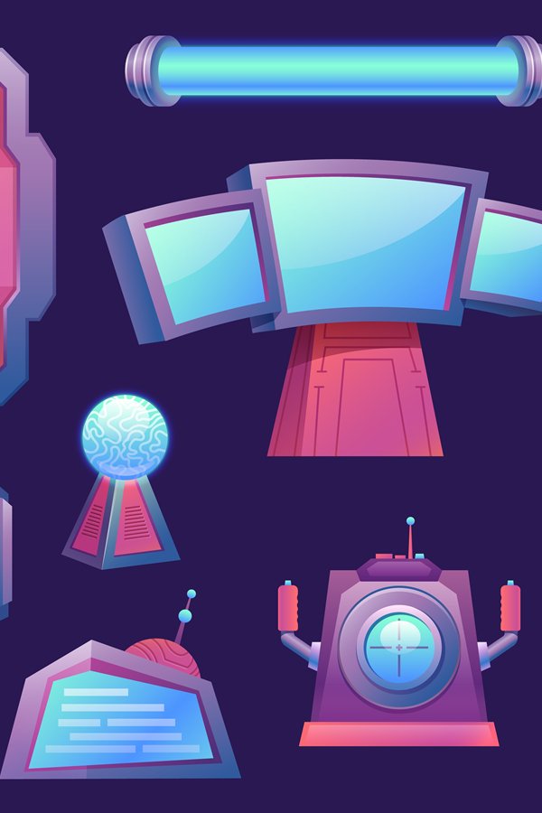 Cartoon futuristic alien space ship room interior elements.