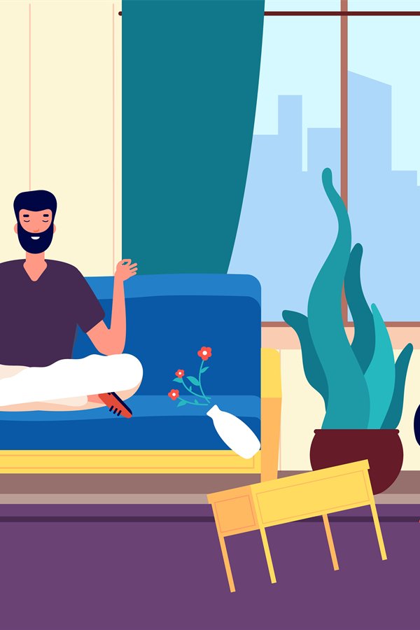 Calm dad and kids. Father meditates among running naughty, m