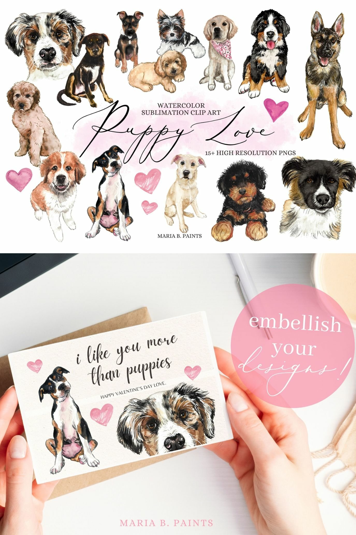 Puppy Love Clipart Watercolor Dog Illustrations for Designs