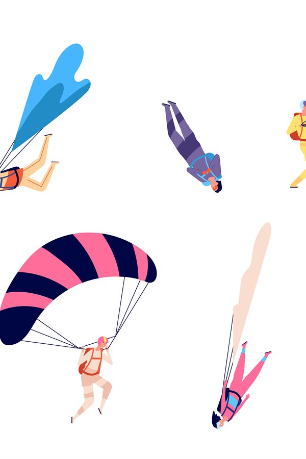 Skydiving characters. Skydiver, free jumping and sky flying.