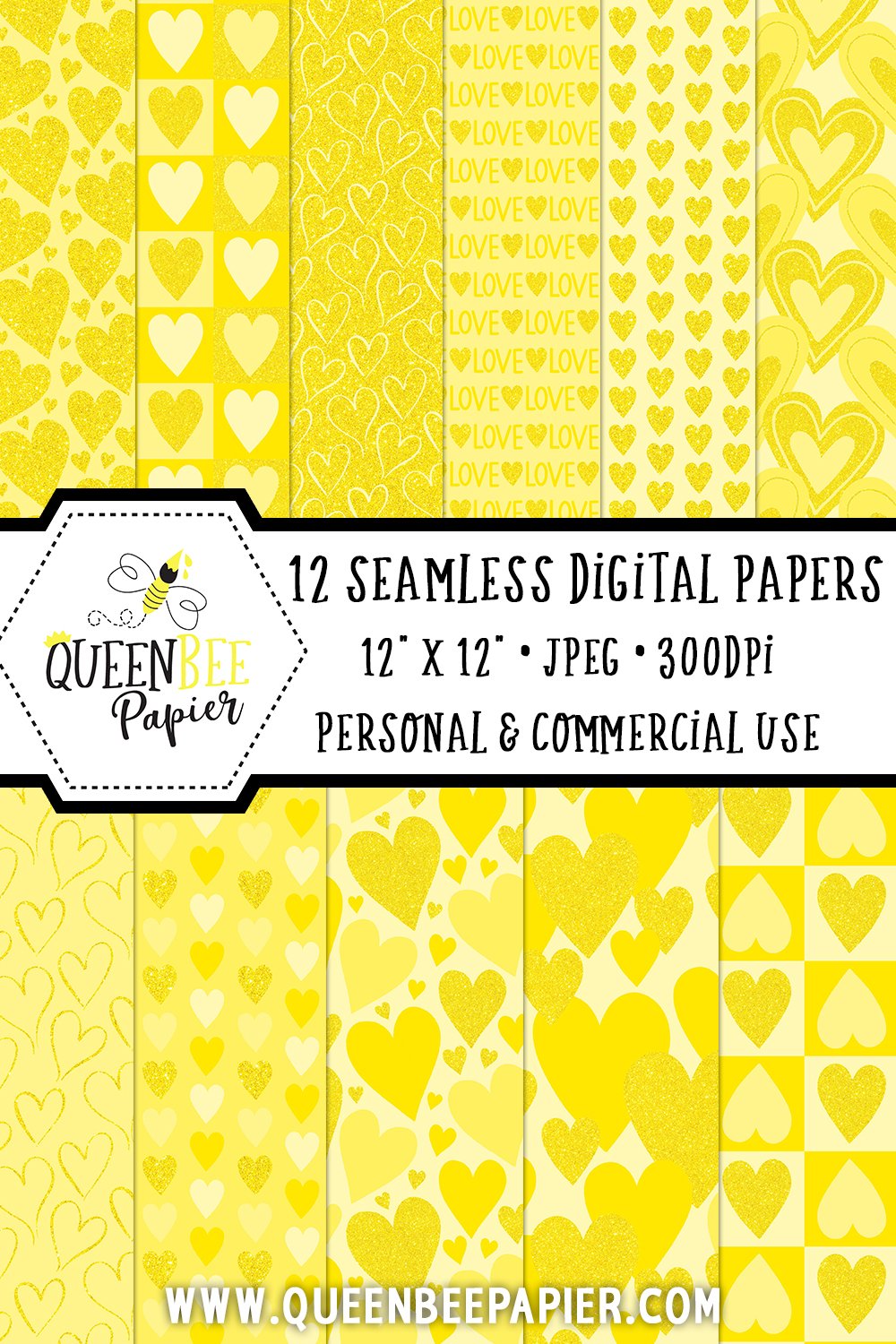 Yellow Glitter Heart Digital Paper Pack