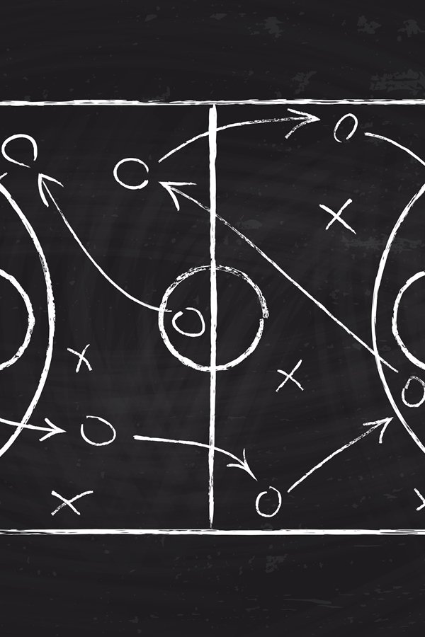 Chalkboard with basketball court and game strategy scheme. V