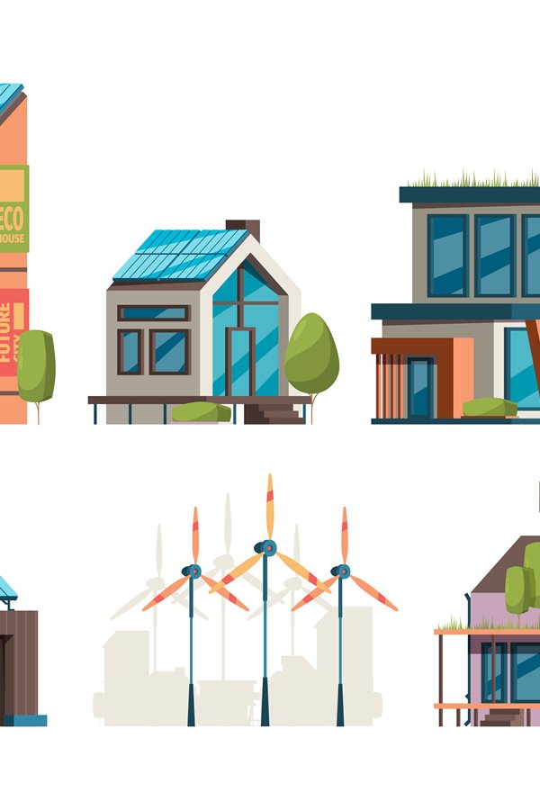 Eco buildings. Energy smart solar panels on houses modern bu
