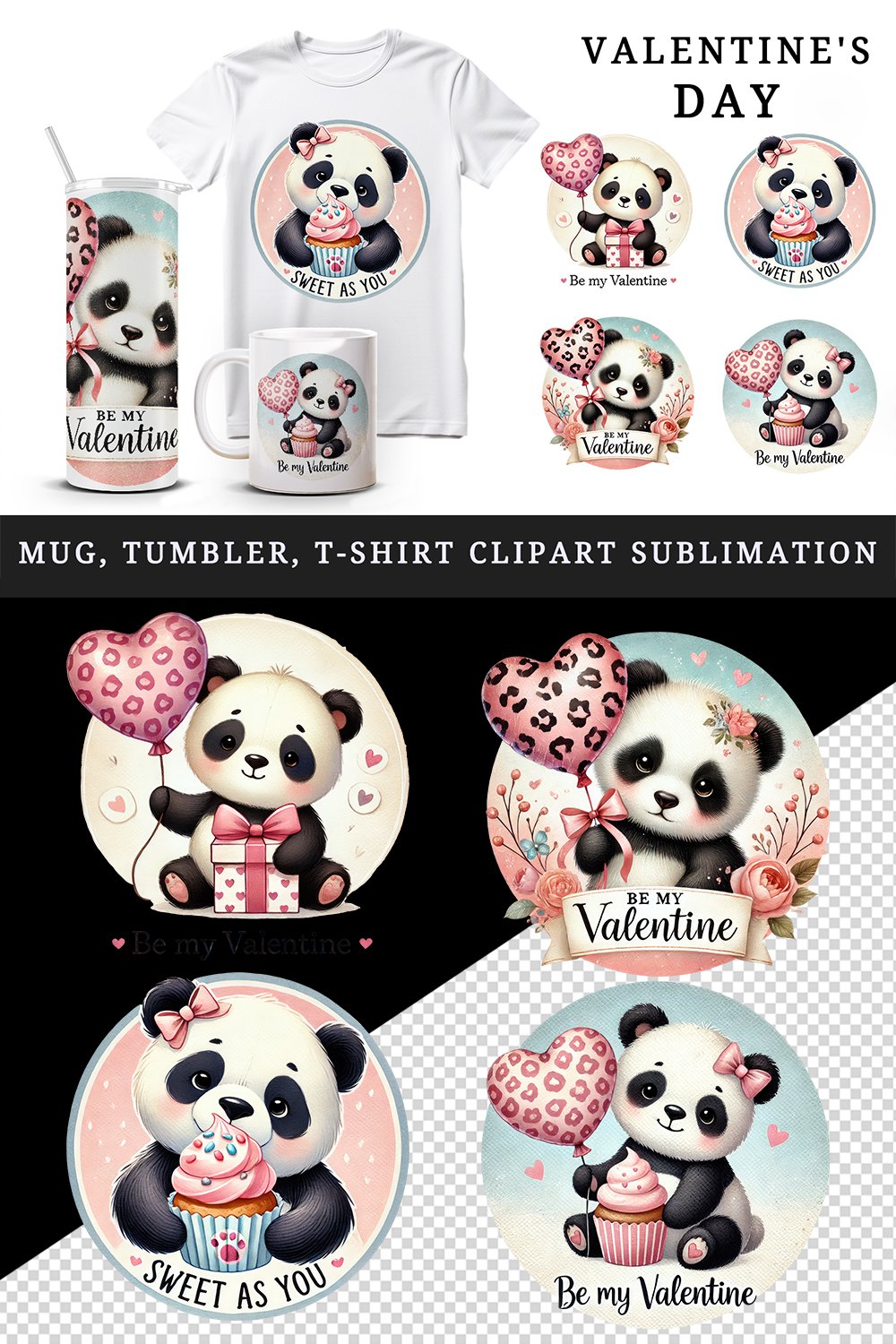 Valentine's Day panda tumbler mug wrap clipart sublimation
