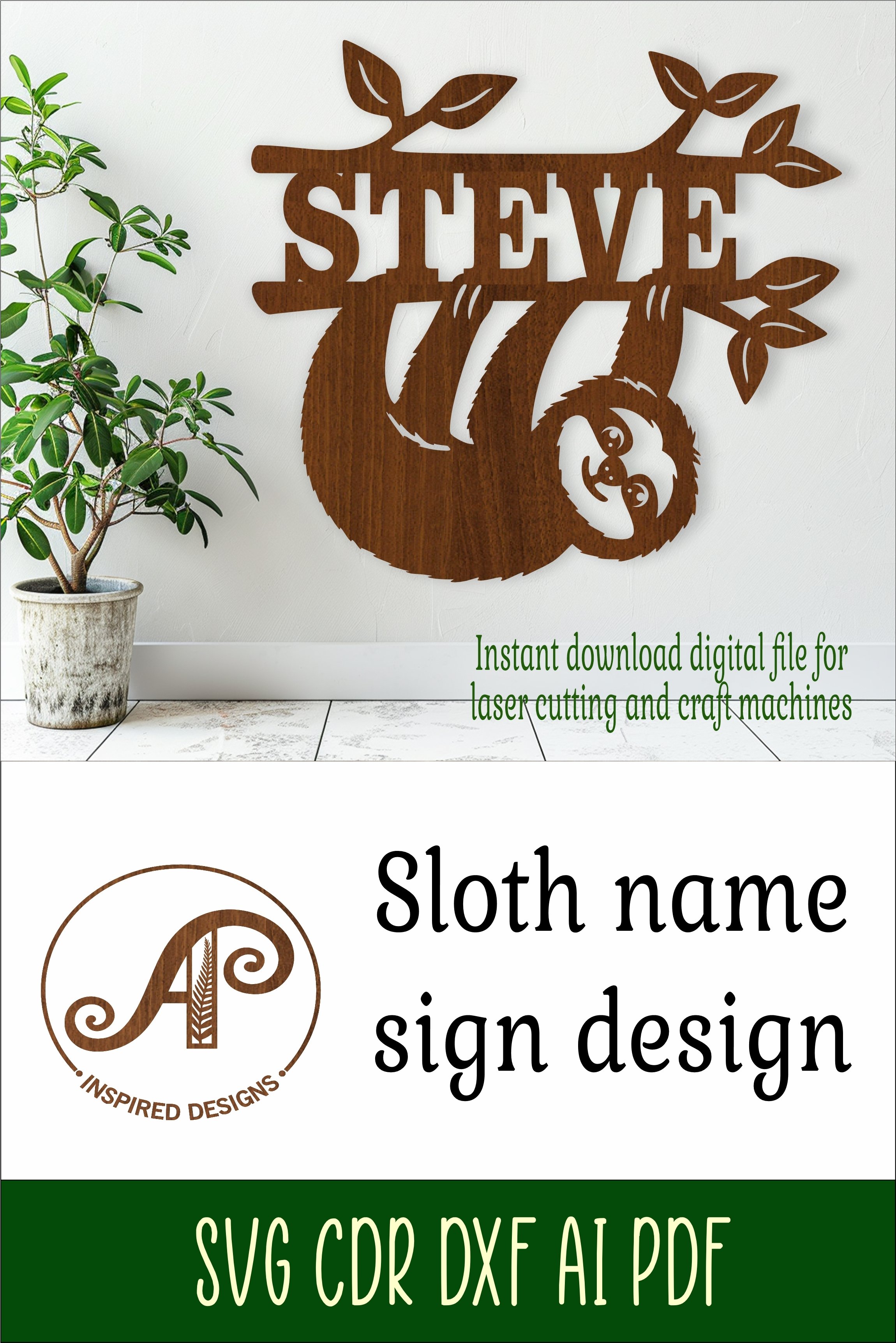 Sloth hanging name sign svg laser cut file