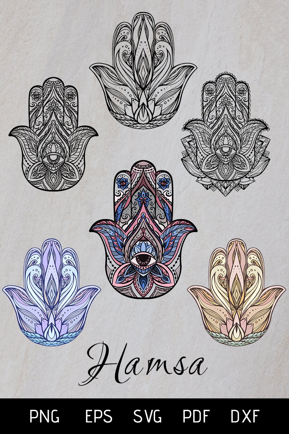 Decorated Hamsa hands 6 variations