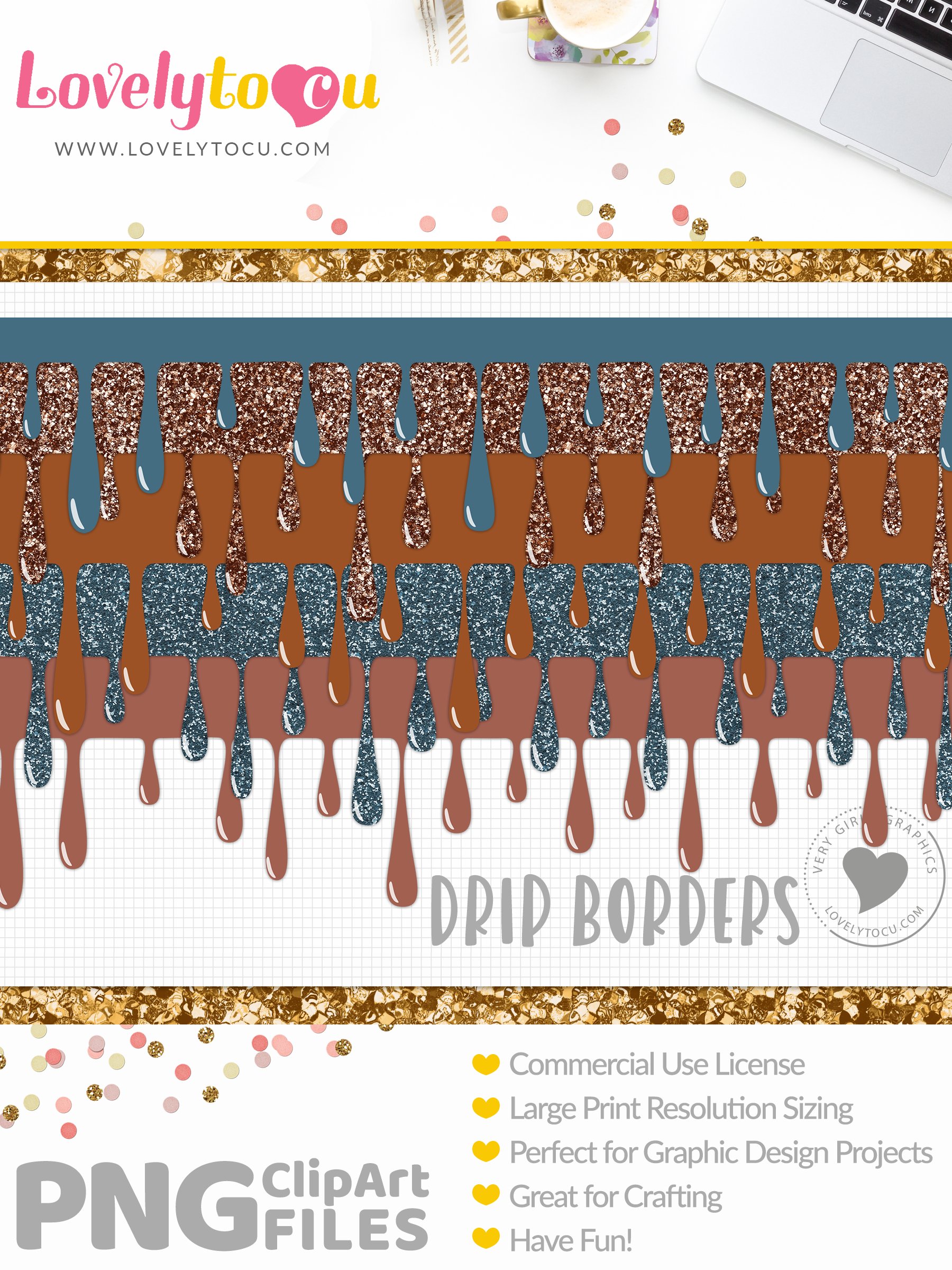 Glitter drip borders, graphic design elements, (2079342)