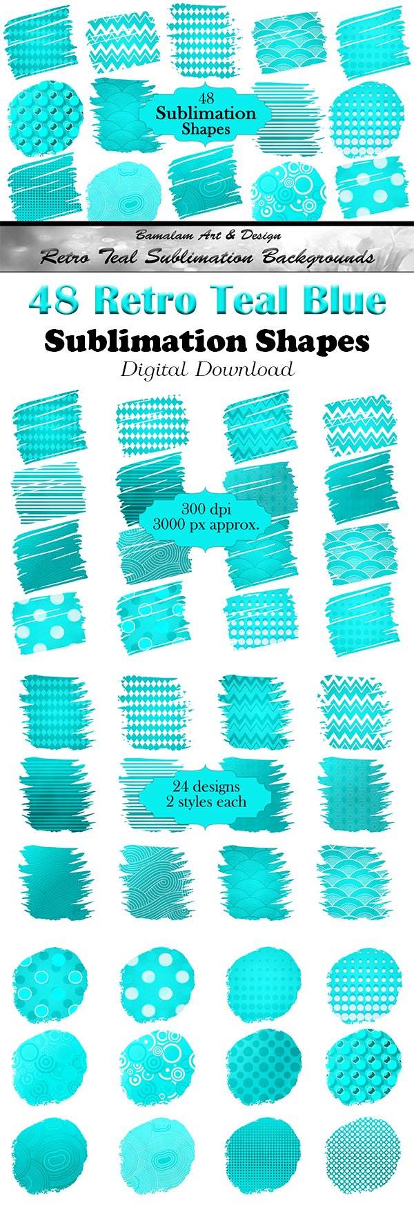 48 Teal Blue Retro Sublimation Shapes