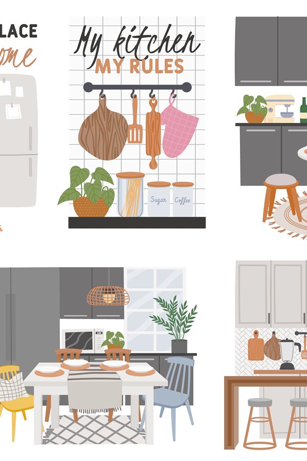 Posters with cozy kitchen room interiors and cook quotes. Ki