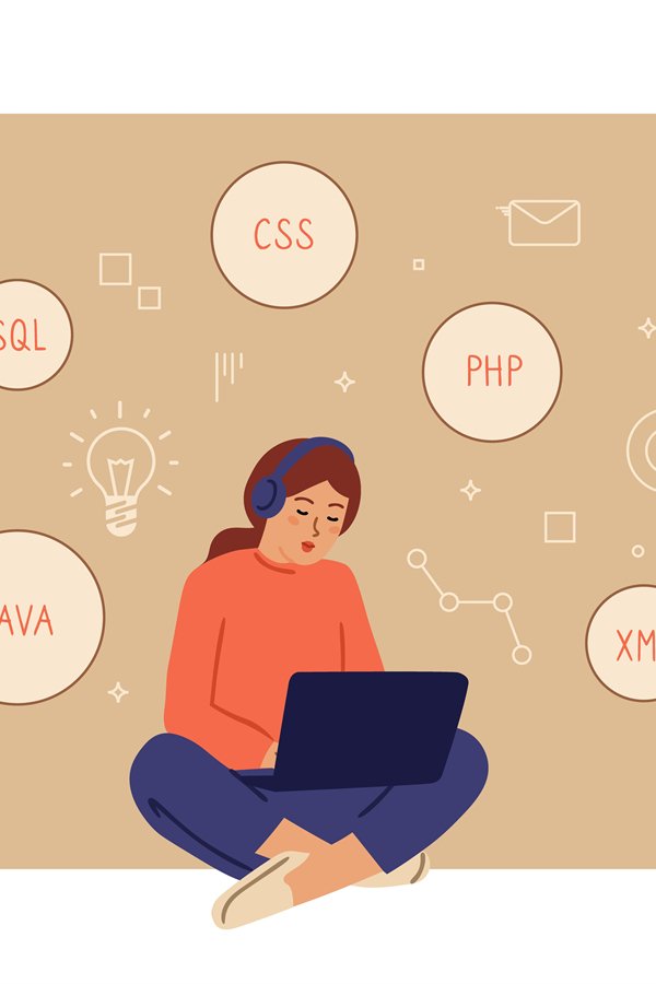 Girl programming. Programmer working, female character with
