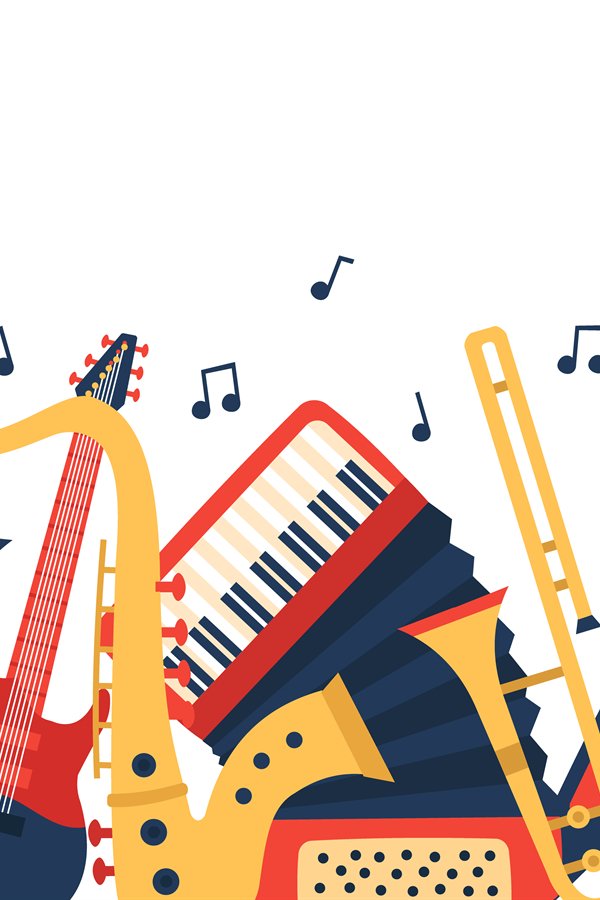 Musical instruments banner. Music guitar, violin