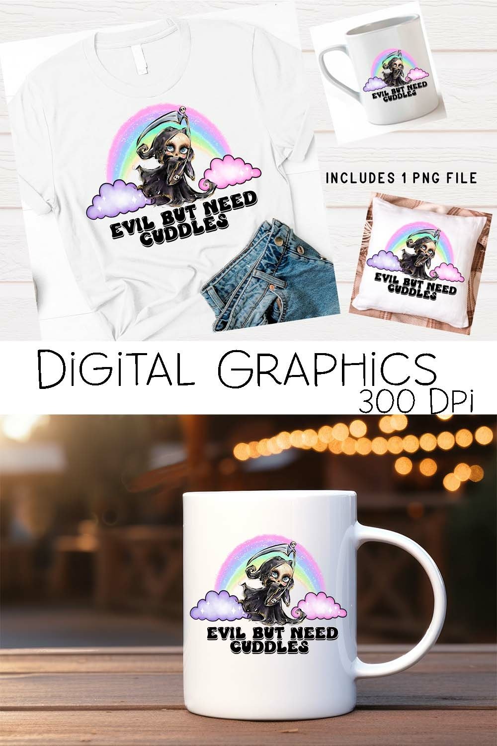 Evil but Need Cuddles Grim Halloween Sublimation DTG Design