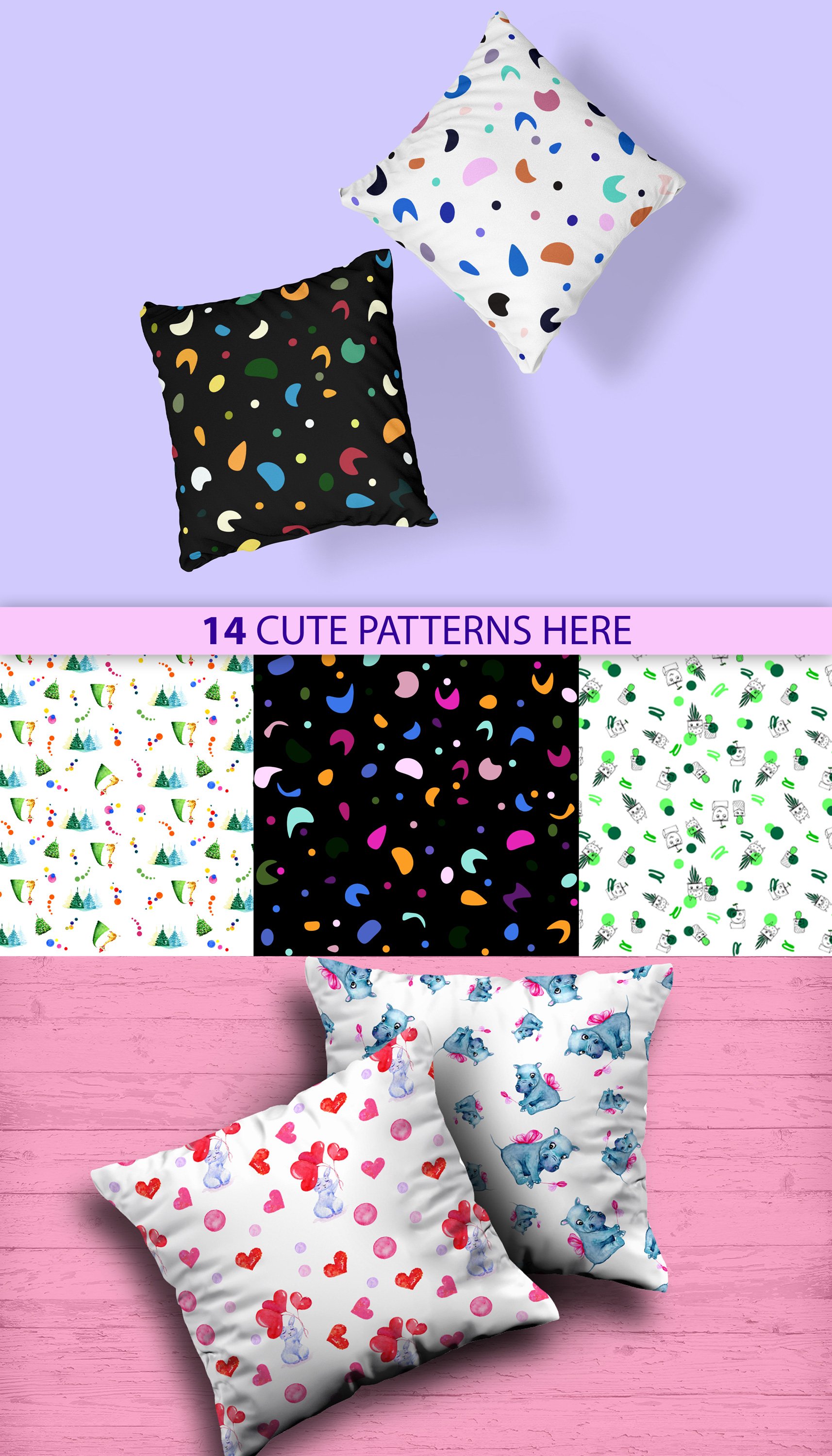 Bundle of 14 cute seamless patterns with colorful drawings
