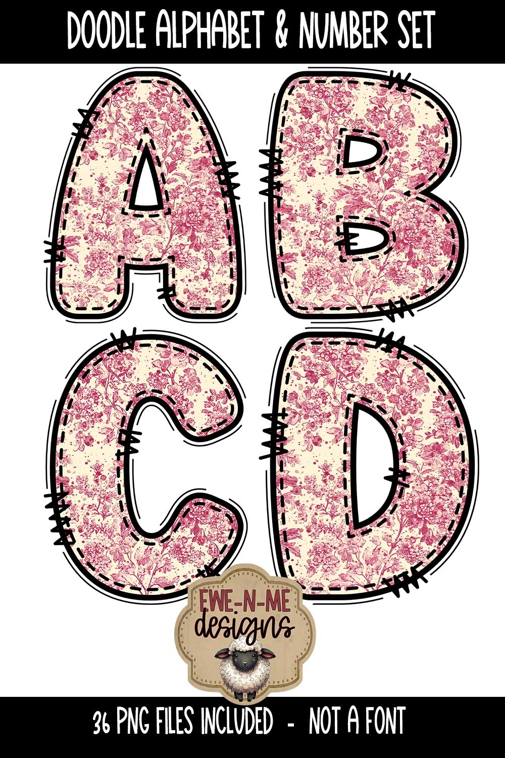 Pink Toile Doodle Alphabet Numbers | Chinoiserie PNG Letters