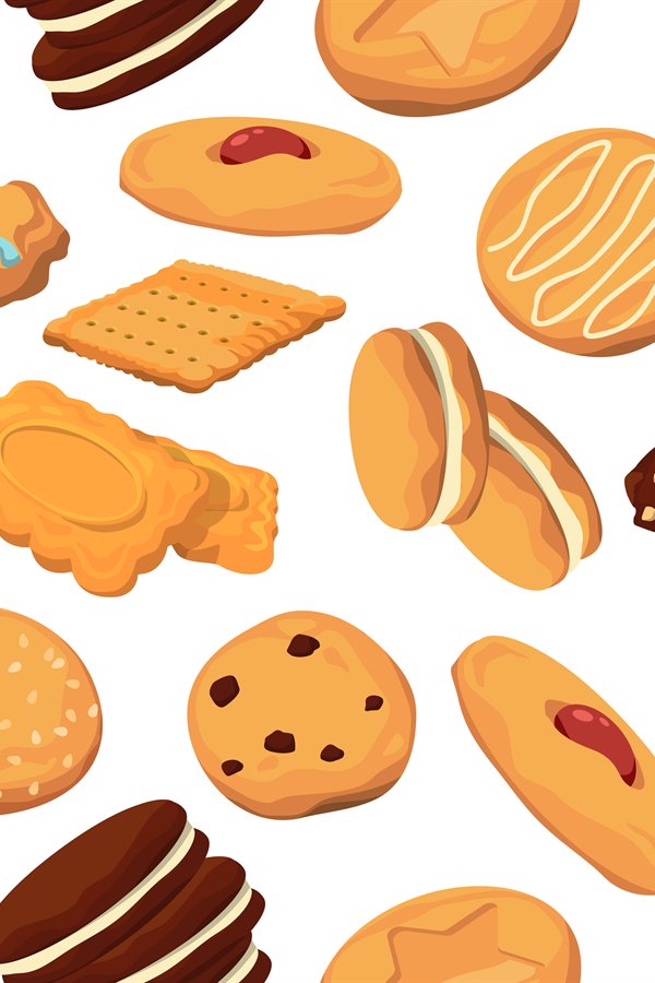 Different cookies in cartoon style. Vector seamless pattern