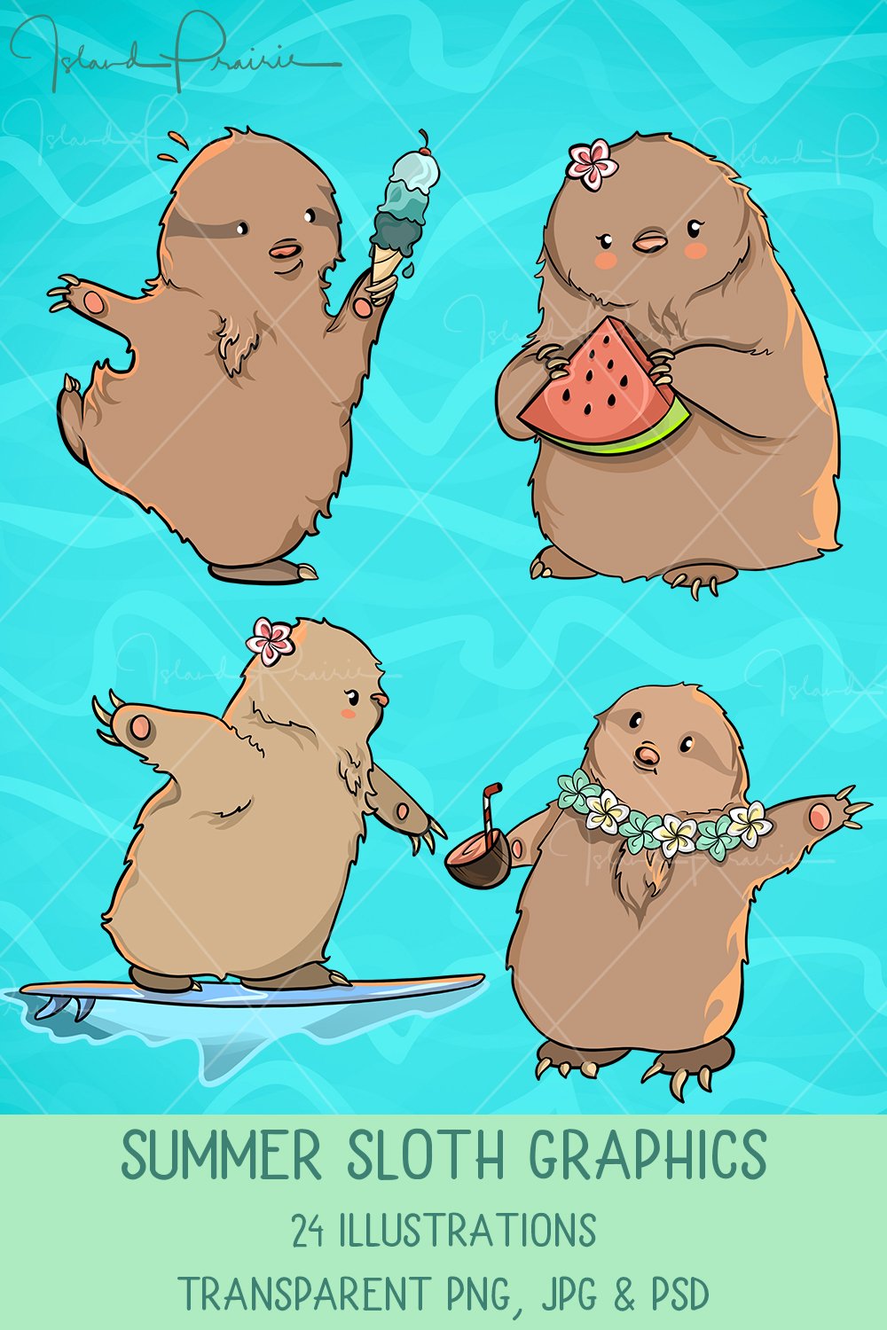 Summer Sloth Graphics Bundle | Cute Cartoon Sloth Clipart