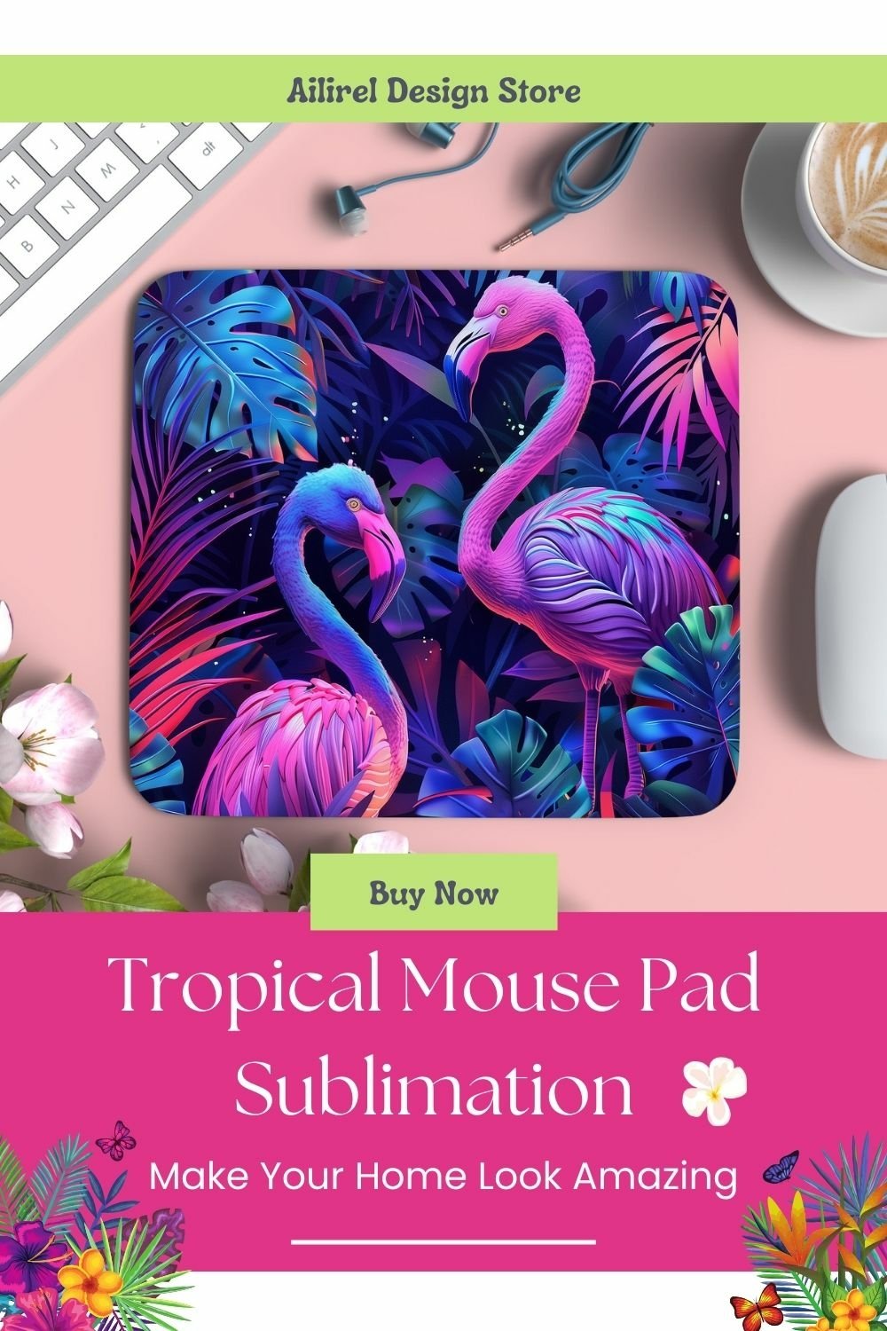 Neon Pink Flamingo Mouse Pad Design