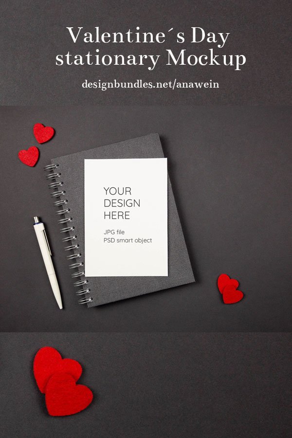 Valentines greeting card mockup flat lay dark background.
