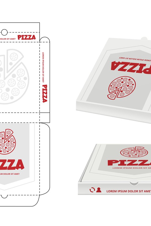 Pizza box design. Unwrap fastfood pizza package realistic te