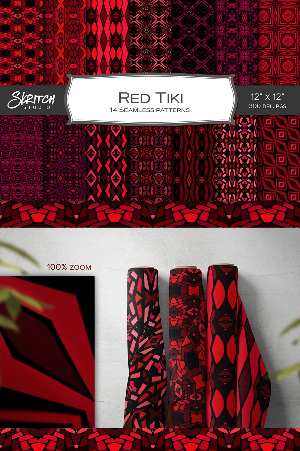 Red Tiki Retro Seamless Background Pattern Set