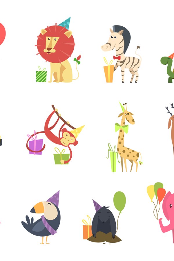 Wild animals with gifts. Festive holidays celebration with e