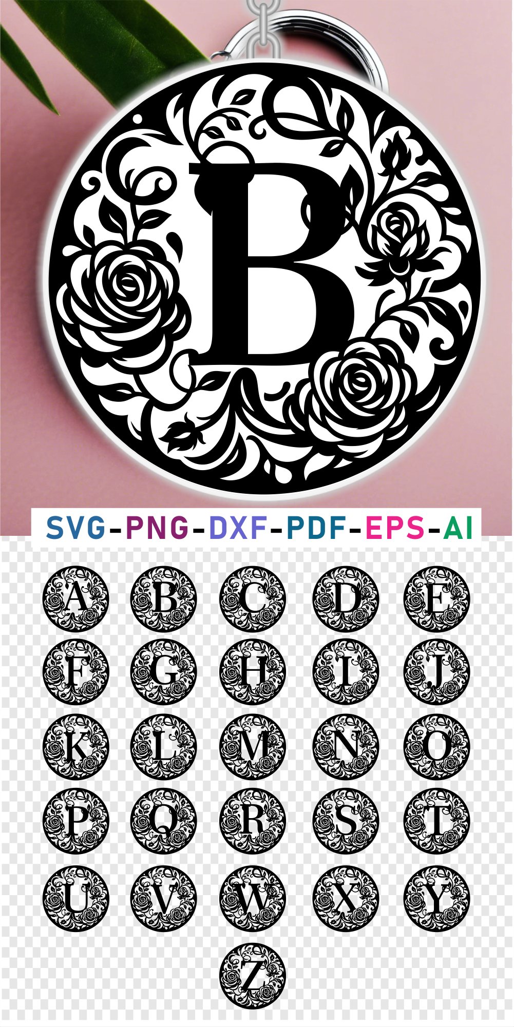 Floral Rose Flowers Round Monogram Letters SVG, Keychain SVG