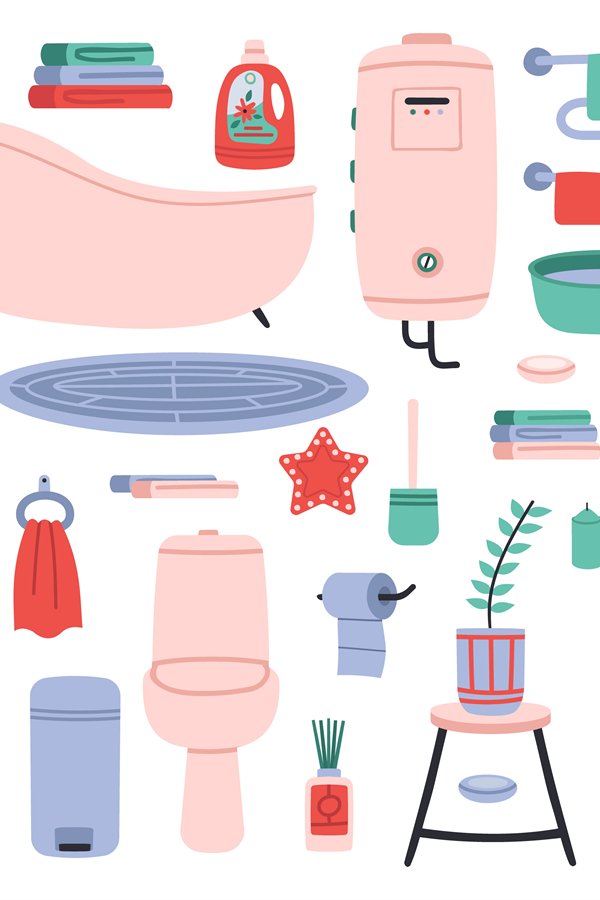 Bathroom interior. Bath tools, toilette utensils, bathtub, t