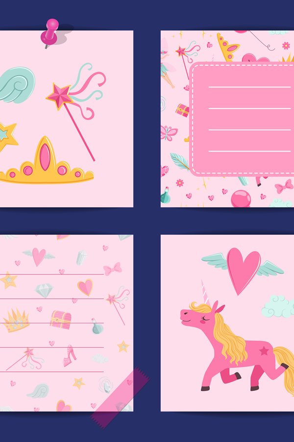 Vector cartoon magic and fairytale notes template set