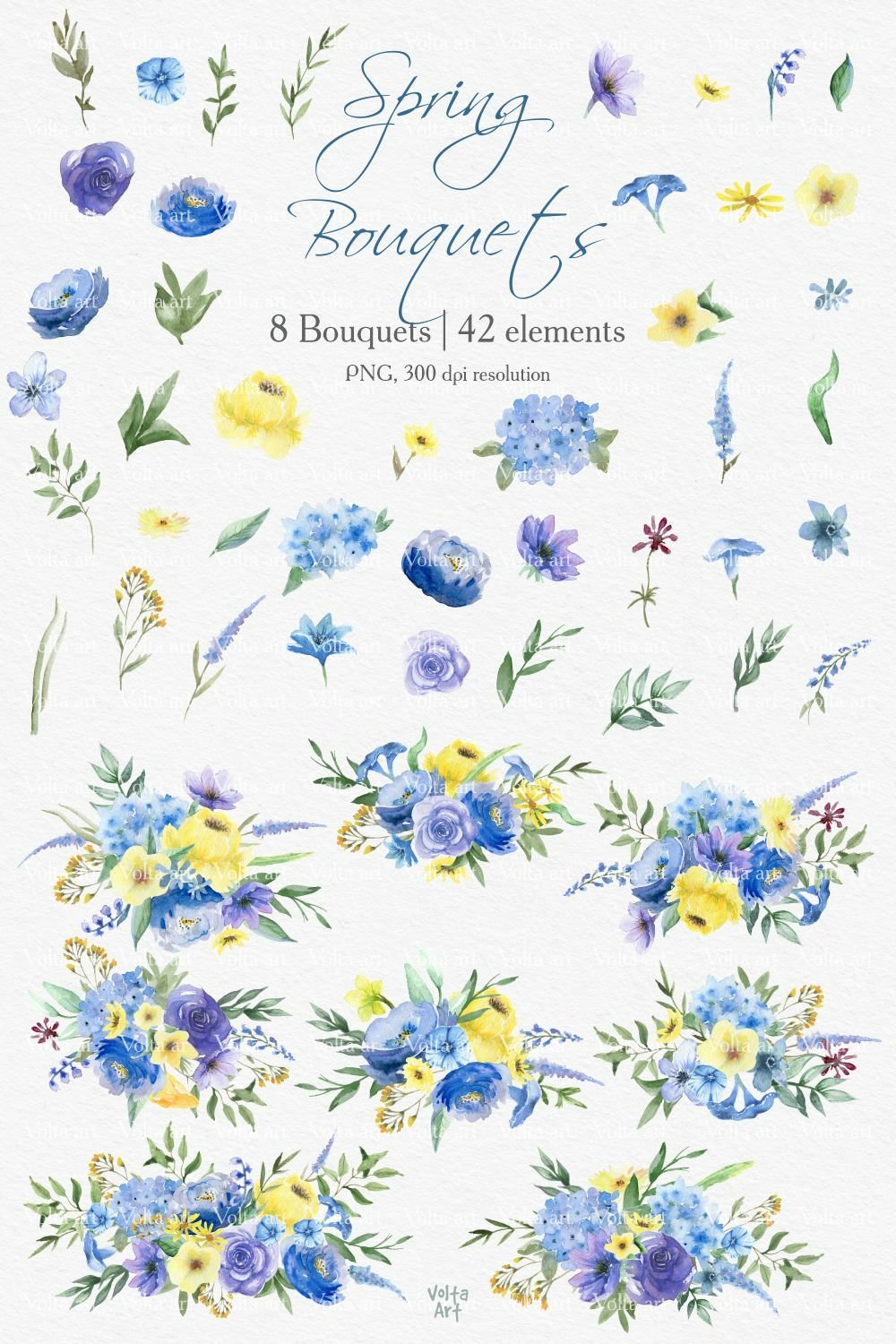 Blue Yellow Bouquet Png, Watercolor Violet Yellow Blue Rose