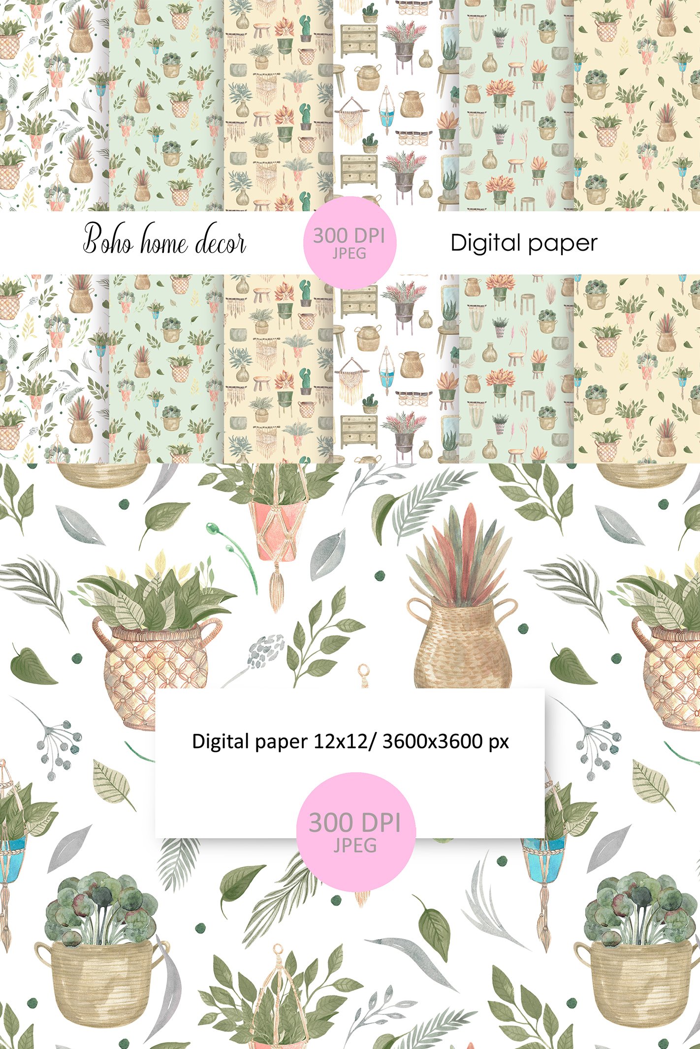 Boho home decor digital paper pack