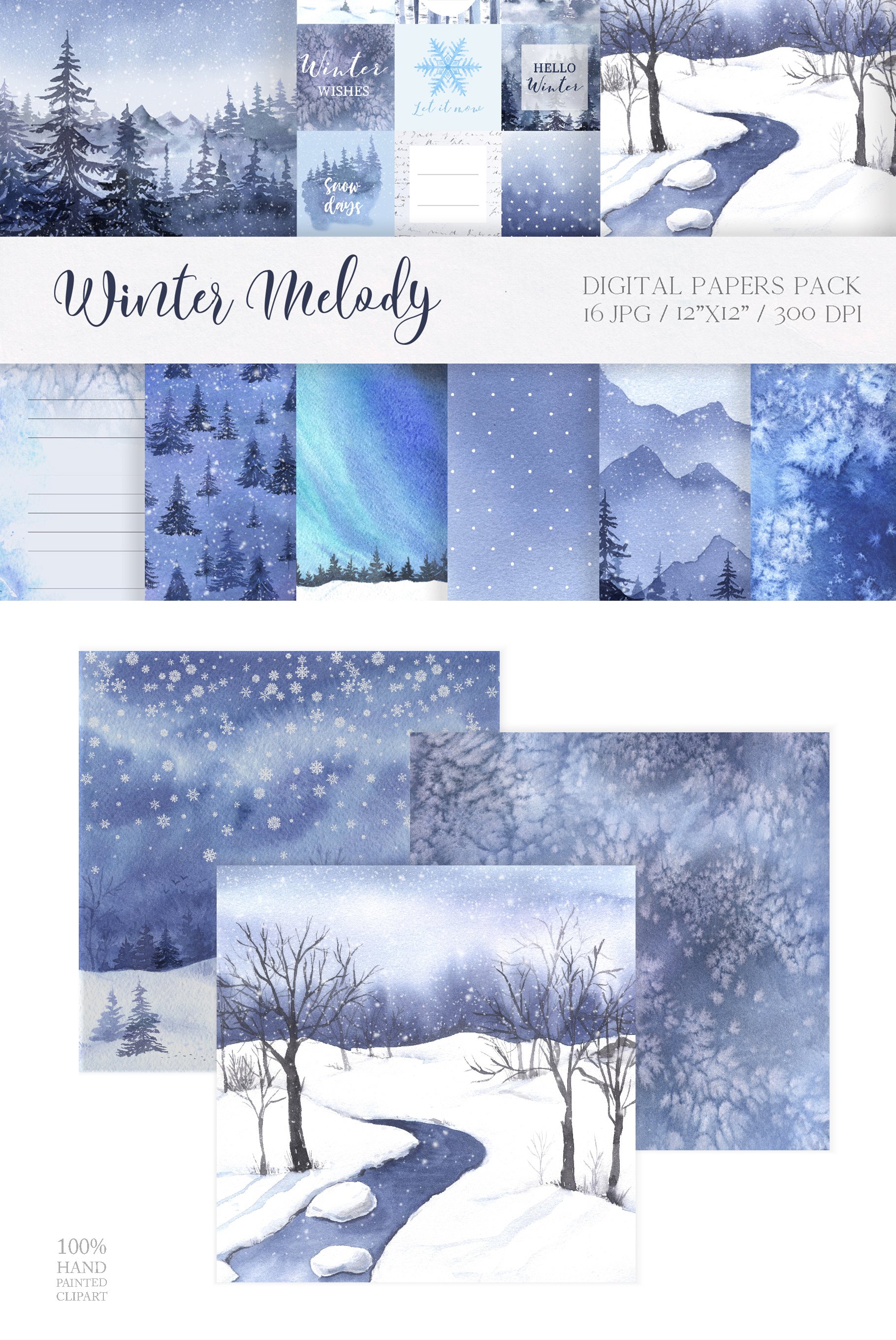 Watercolor Blue Winter Landscapes Digital Papers