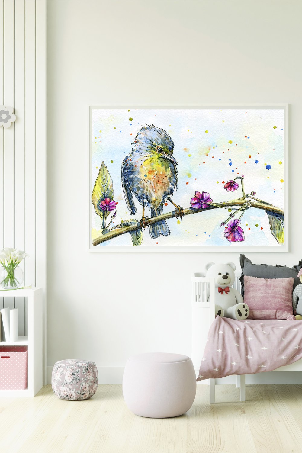 Bird Tree Flowers Poster, Nursery Print, Fairy-tale Print