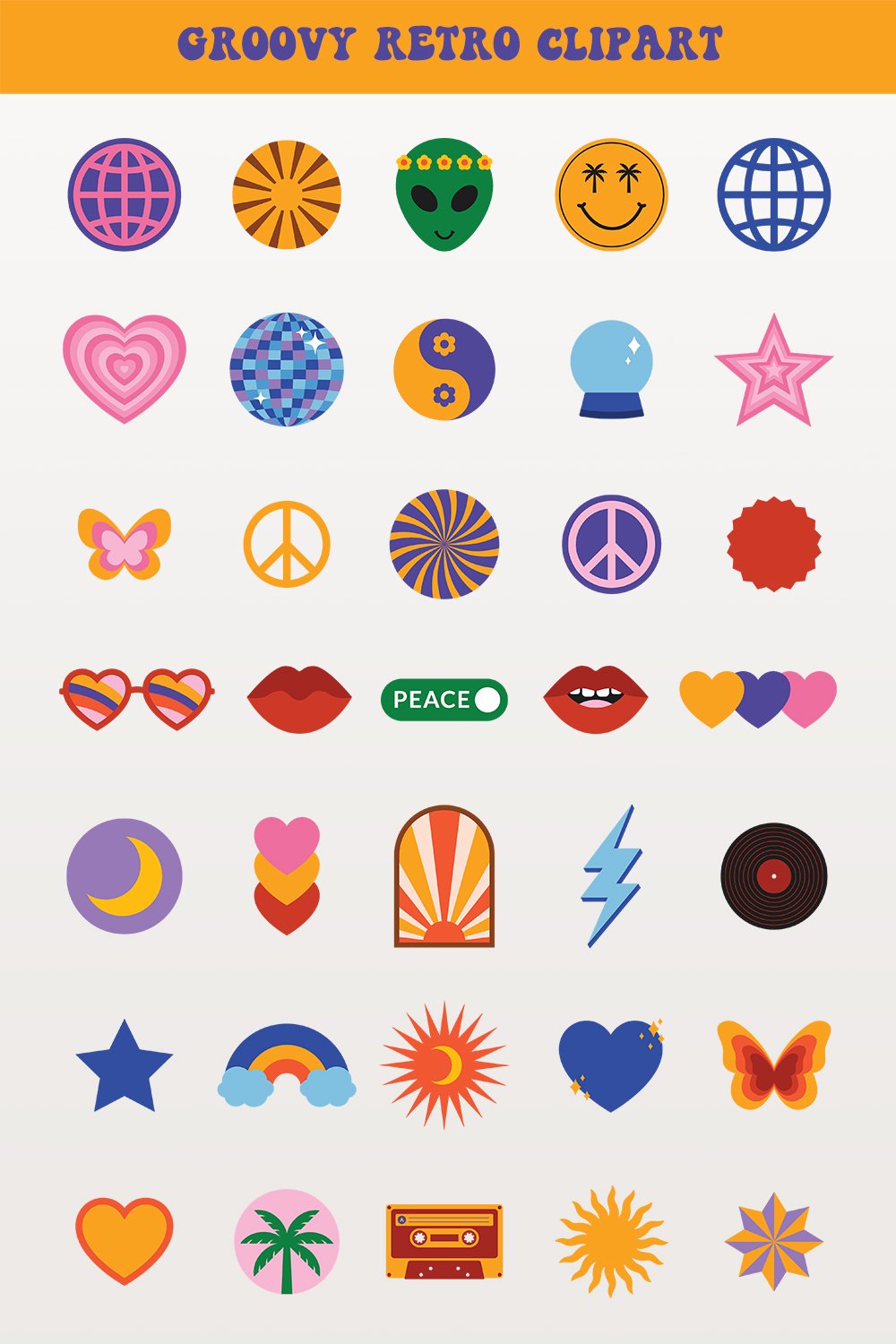 Groovy Retro Clipart Bundle | Hippie Graphics | (2287458)