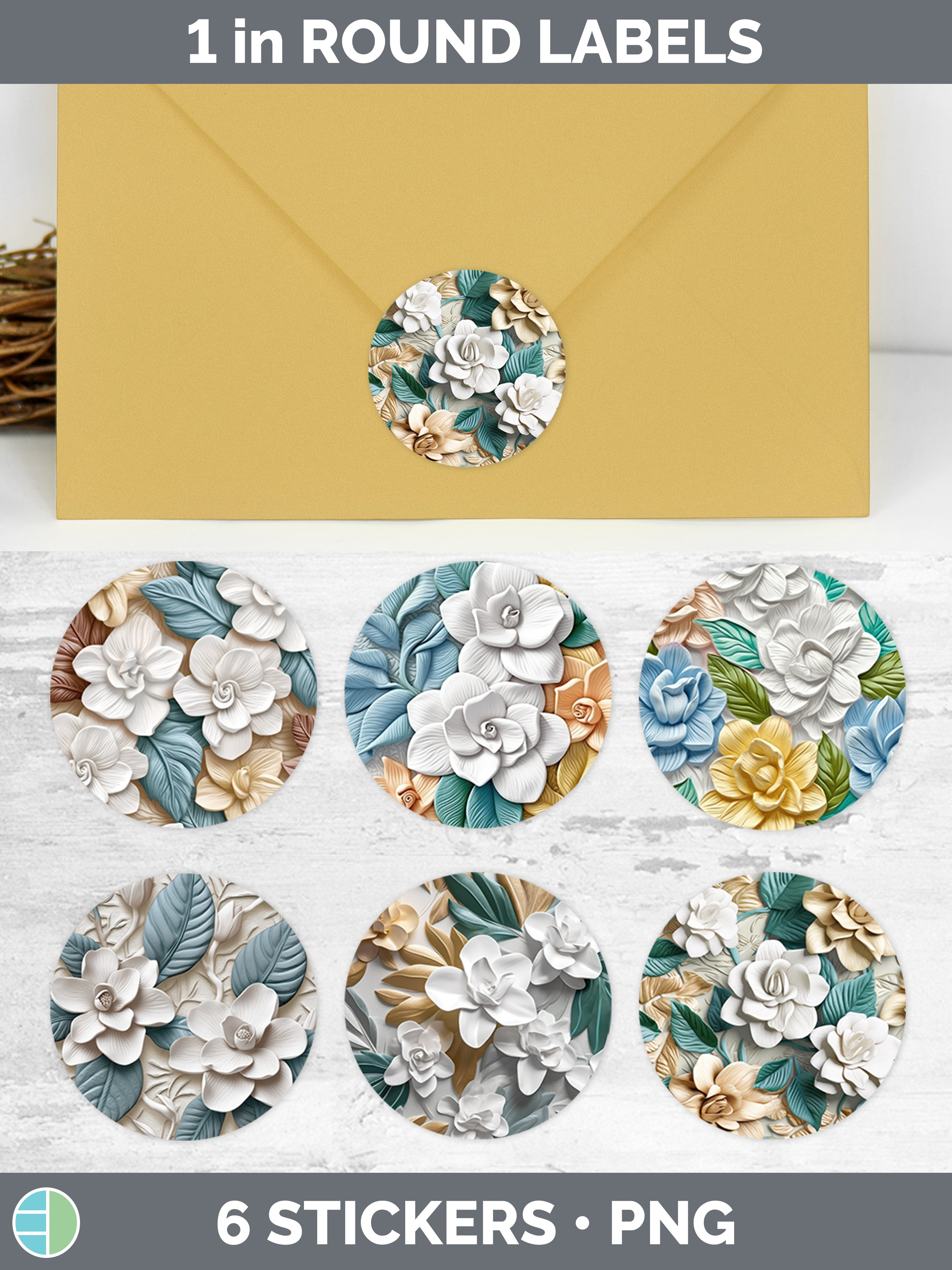 3D Gardenia Flowers Stickers | Round Labels Designs Bundle